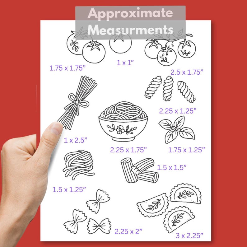 Stick and Stitch Pasta Kitchen Embroidery Pattern, 11 Pre-printed ...