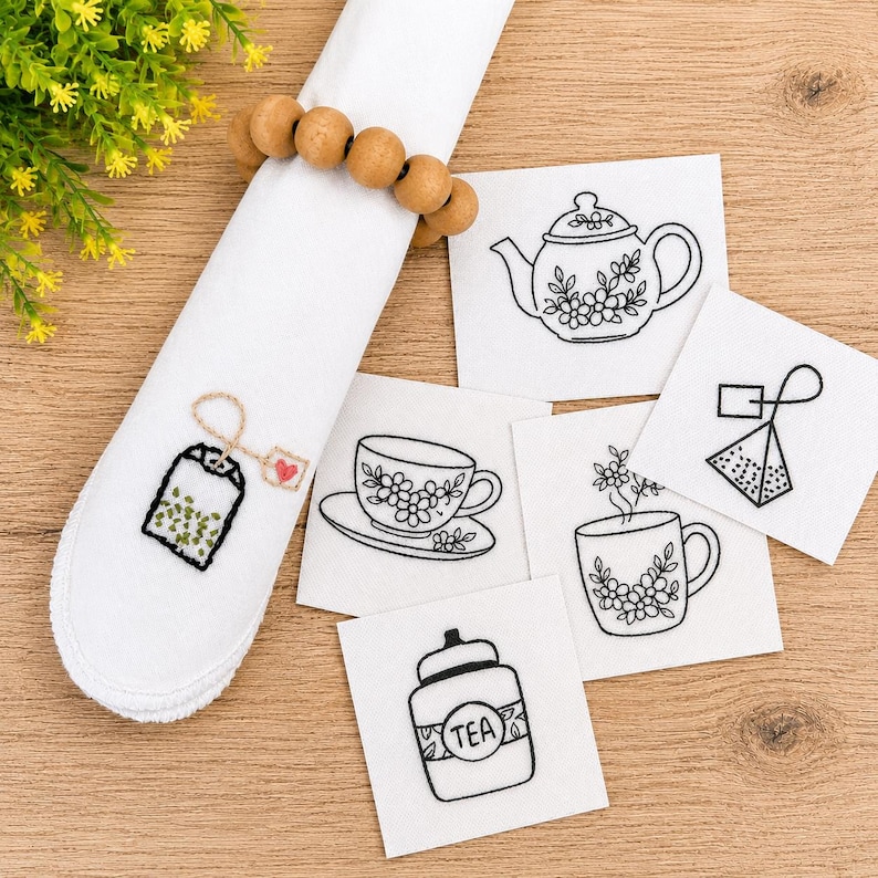 Tea Embroidery Transfer Pattern for Tea Towels, Dinner Napkins ...