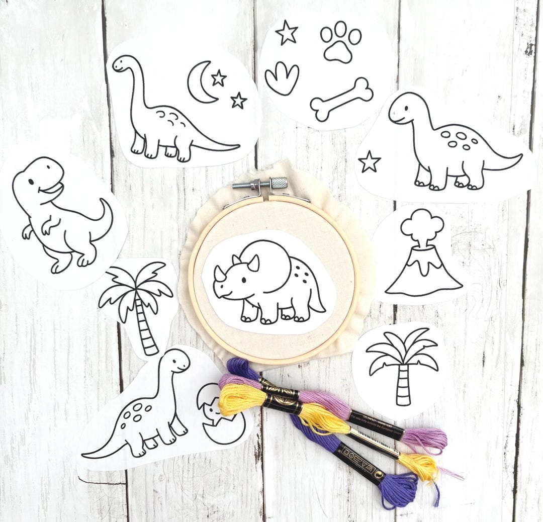 Dinosaur Stick and Stitch Embroidery Pattern, 9 Pre-printed Designs on ...