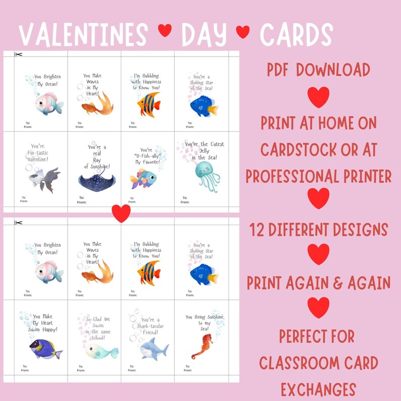 Sea Animals and Fish Valentines Cards and Favor Tags Bundle, 12 Designs ...
