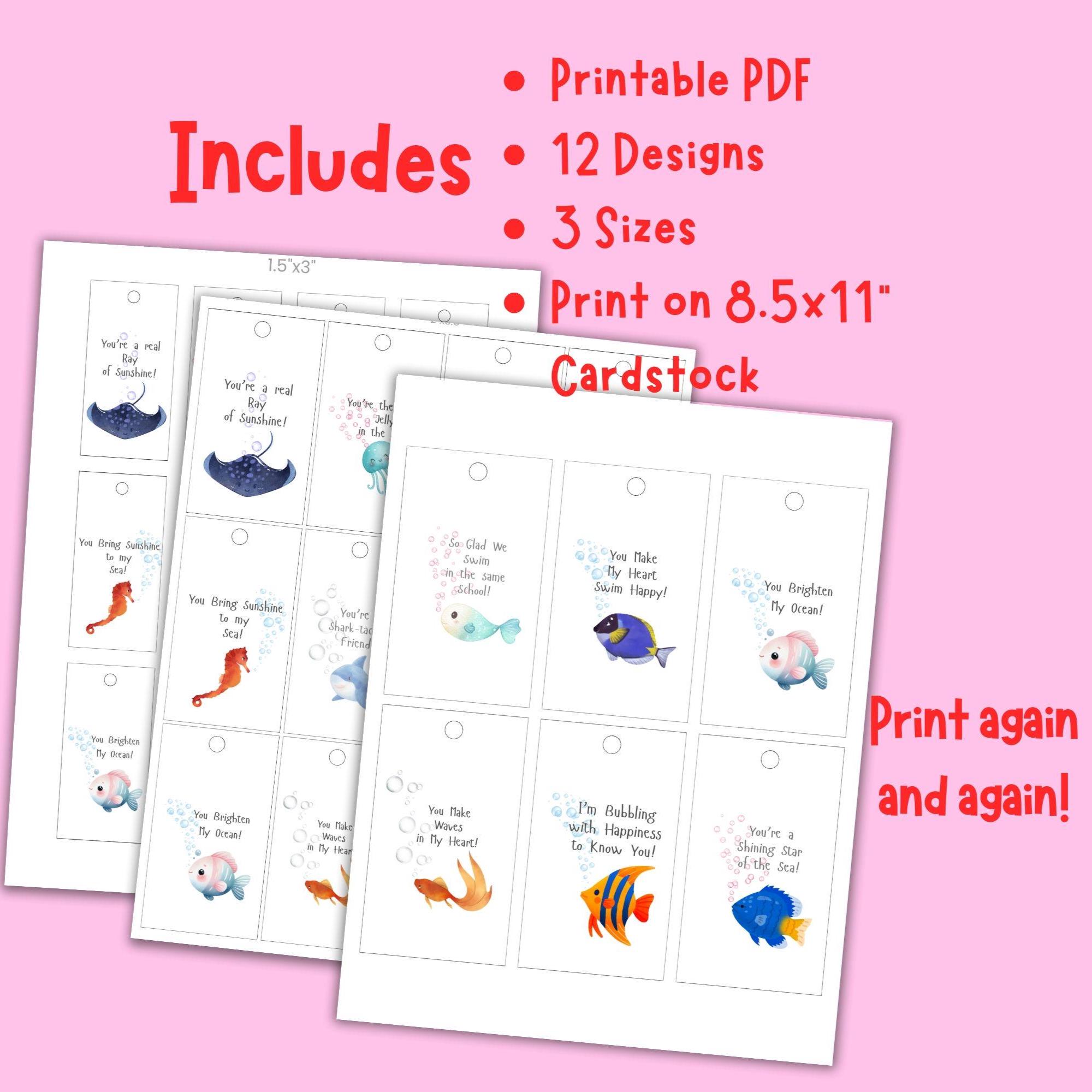 Sea Animals and Fish Valentines Cards and Favor Tags Bundle, 12 Designs ...