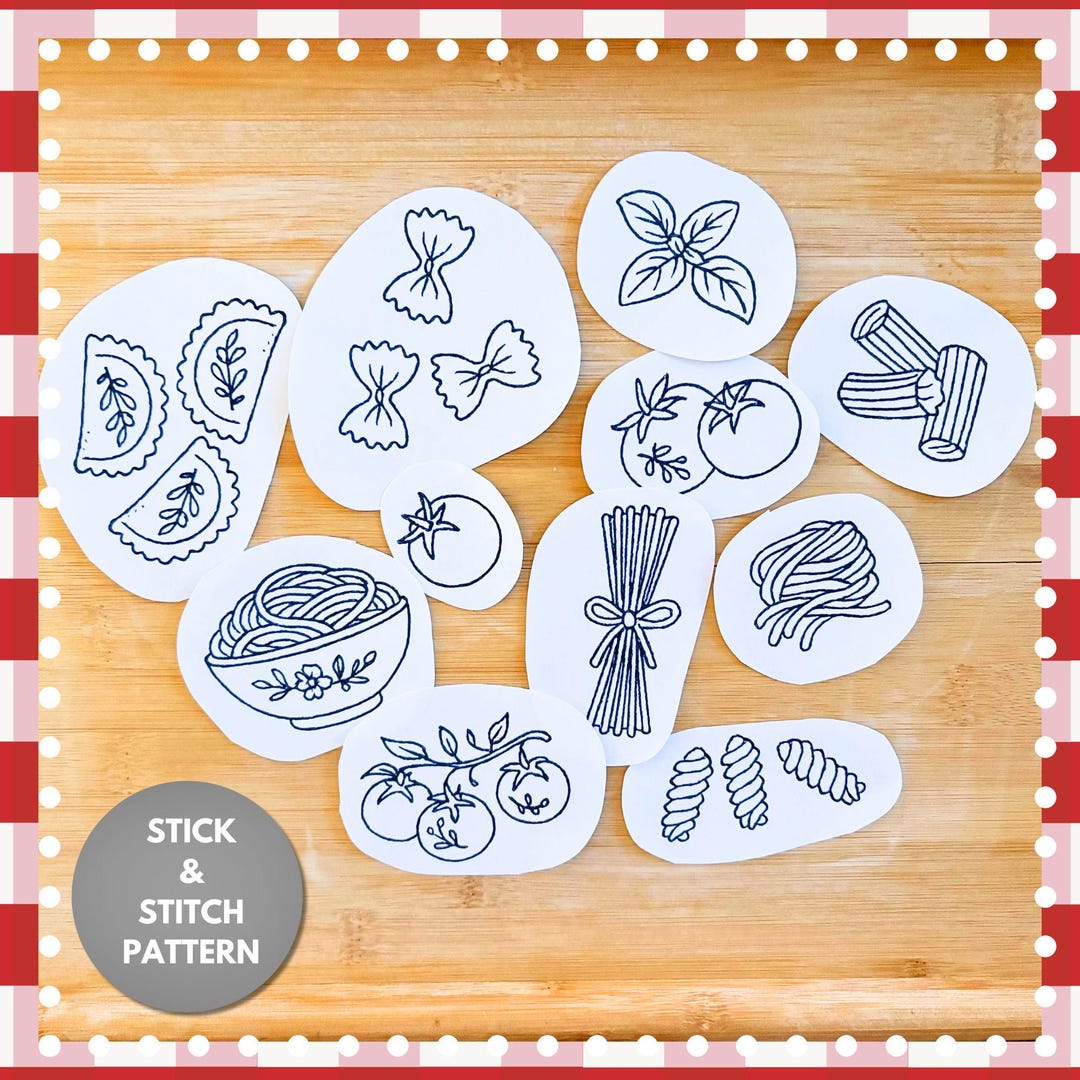 Stick and Stitch Pasta Kitchen Embroidery Pattern, 11 Pre-printed ...