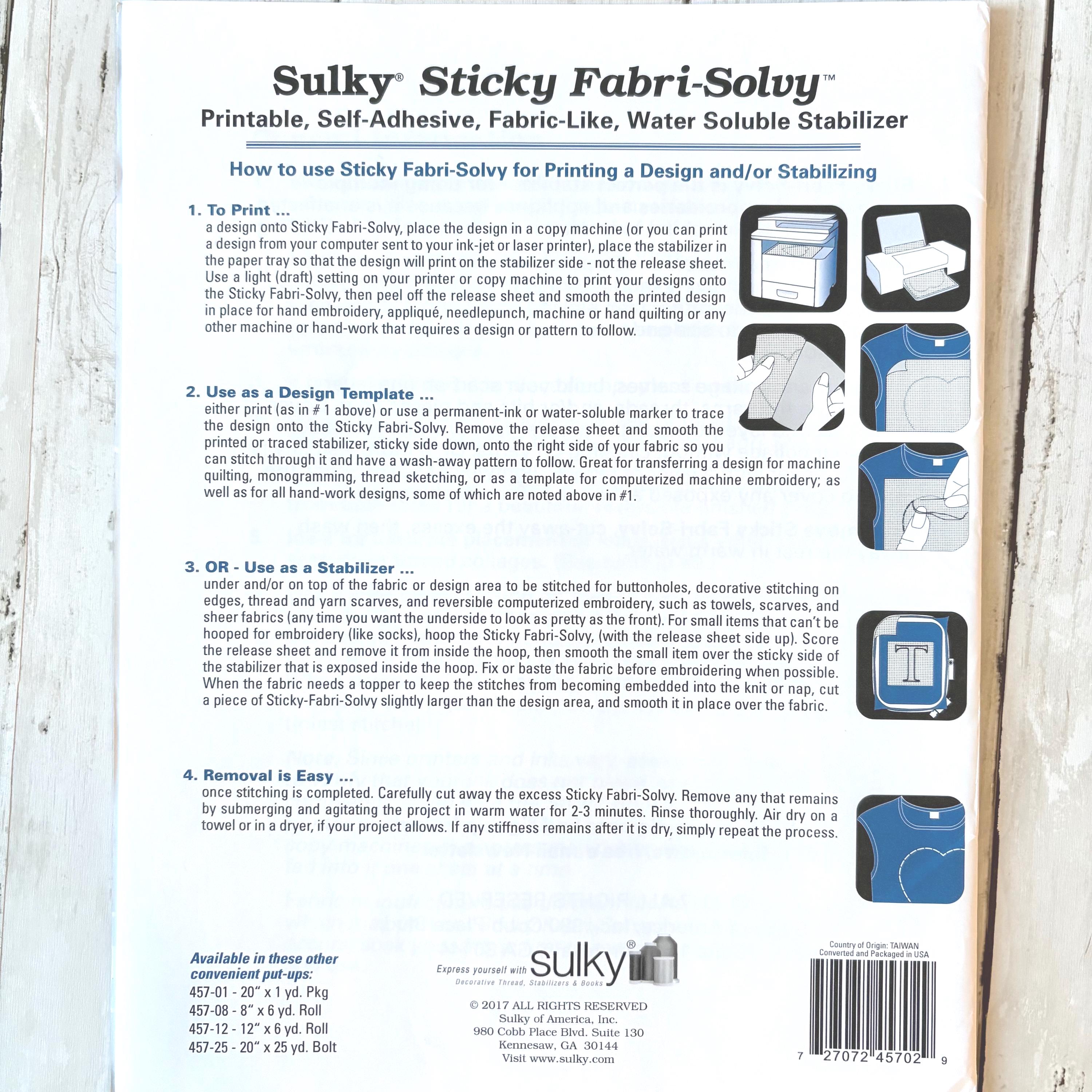 Sulky Sticky Fabri-solvy Printable Stabilizer Sheets, Stick and Stitch ...