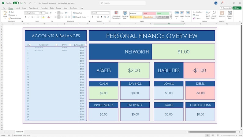 Net Worth Tracker Excel | Assets & Liabilities Dashboard (digital ...