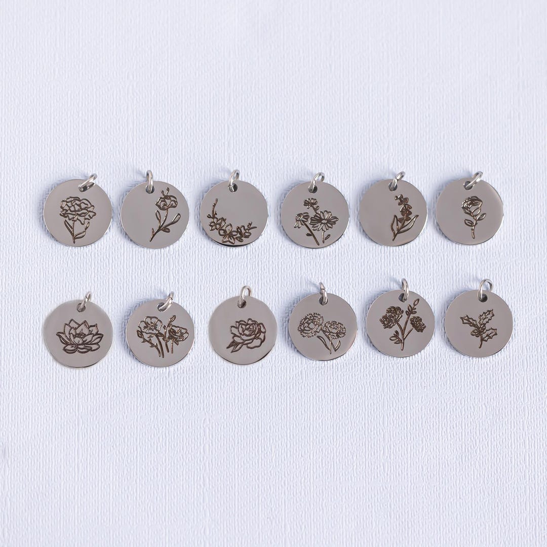 Stainless Steel Engraved Birth Flower Pendant, Floral Flower Charm ...