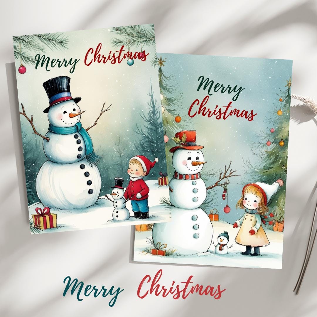 Printable Christmas Cards, Greeting Cards Set, 5 Cards, Santa, Snowman ...