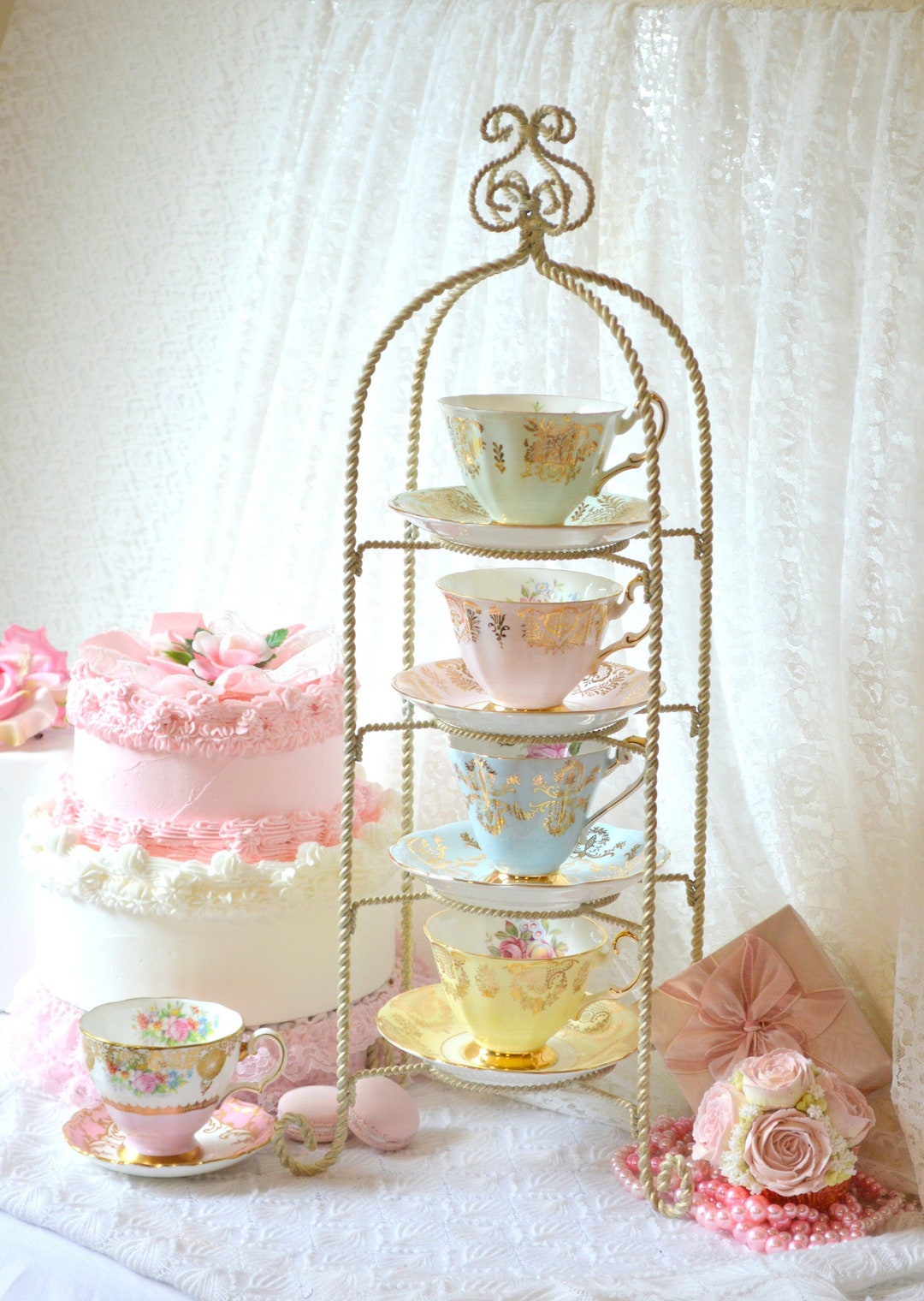RESERVED for SK Vintage 4 Tier Metal Teacup Stand, Buffet and Tea Party ...