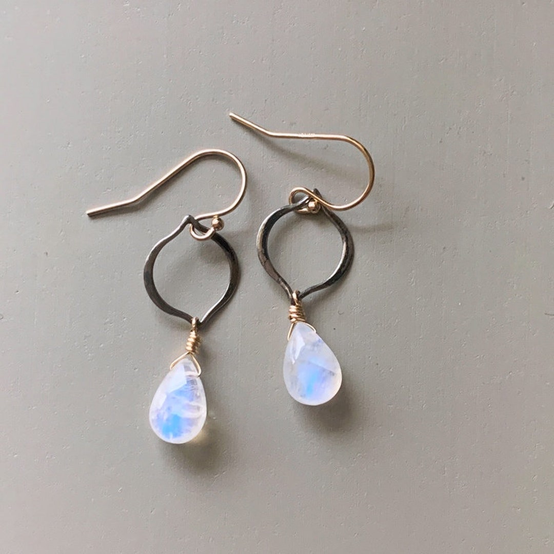 Moonstone Earrings Blue Flash Moonstone Mixed Metal Earrings 14K Gold ...