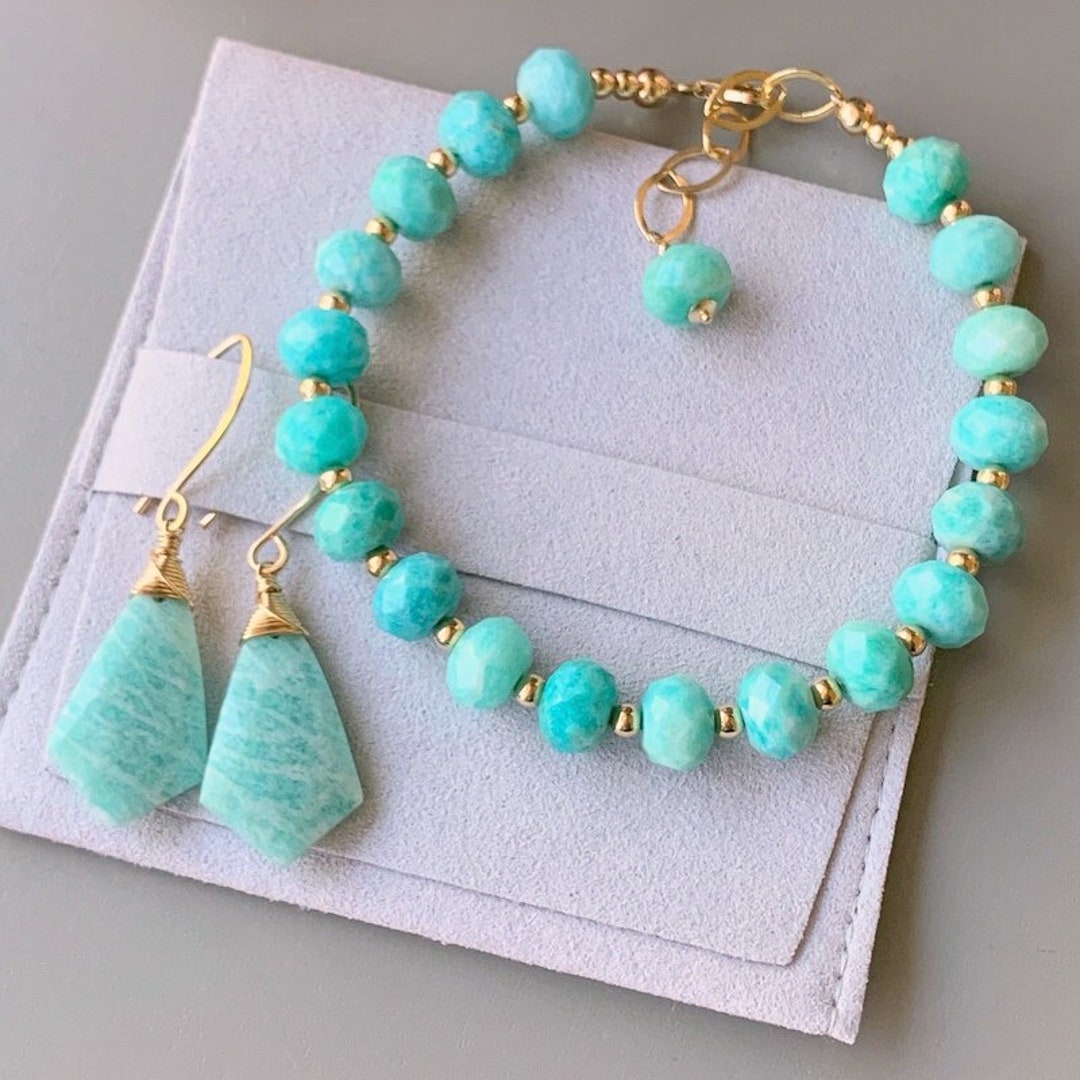 Amazonite Bracelet Turquoise Blue Chunky Gemstone Stacking Bracelet 14K ...