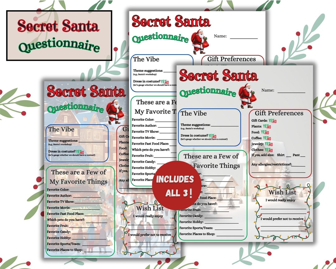 Secret Santa Printable Questionnaire Bundle, Christmas Gift Exchange ...