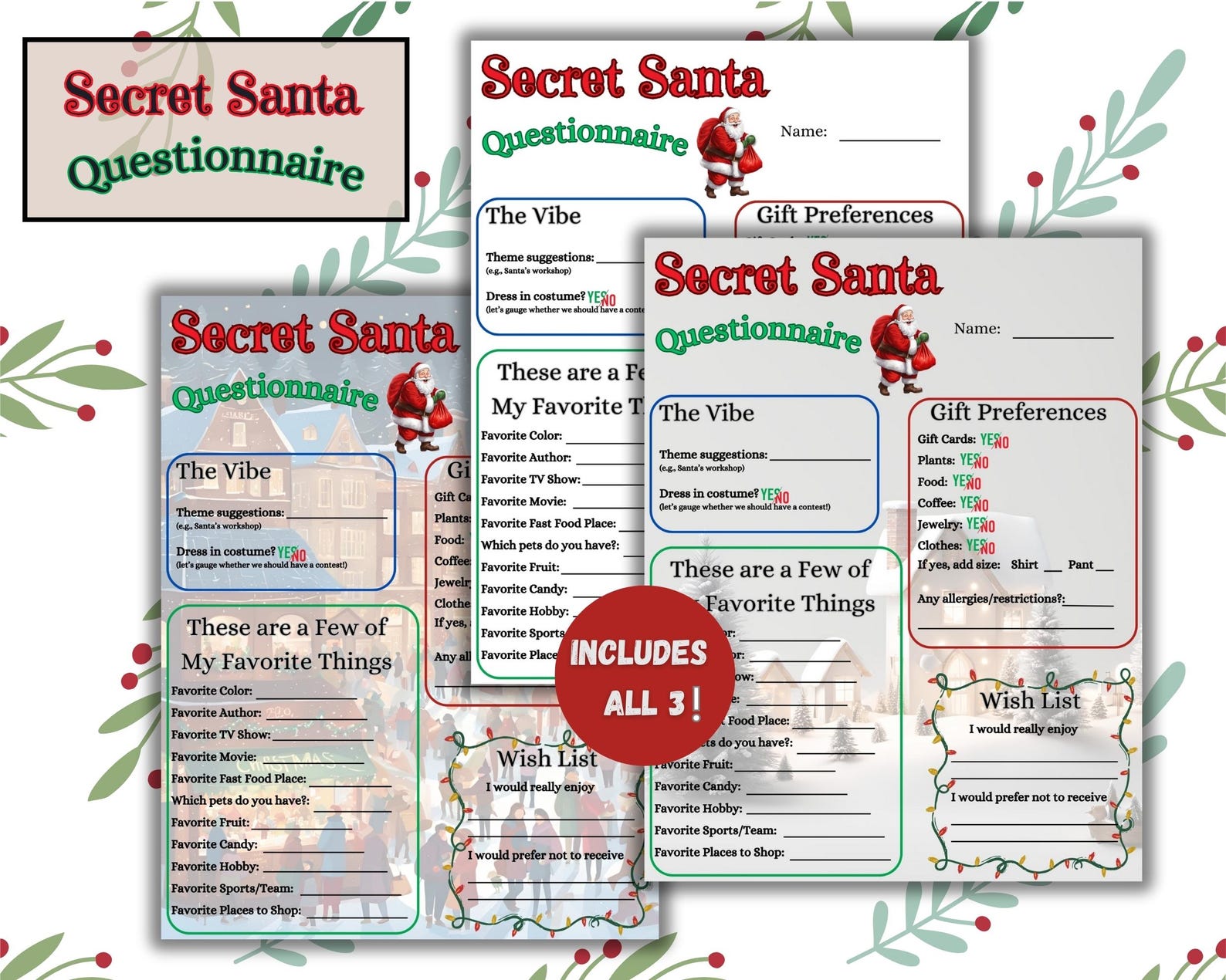 Secret Santa Printable Questionnaire Bundle, Christmas Gift Exchange ...