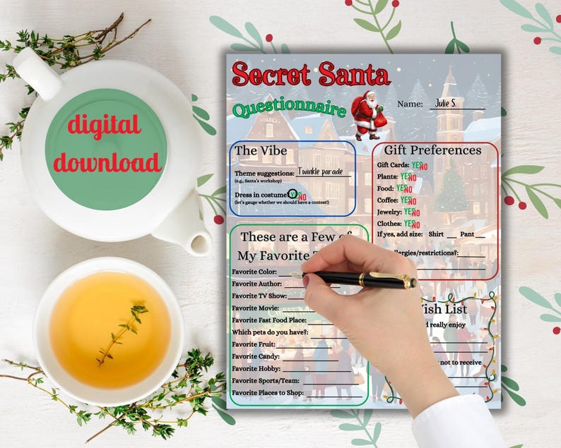 Secret Santa Printable Questionnaire Bundle, Christmas Gift Exchange ...