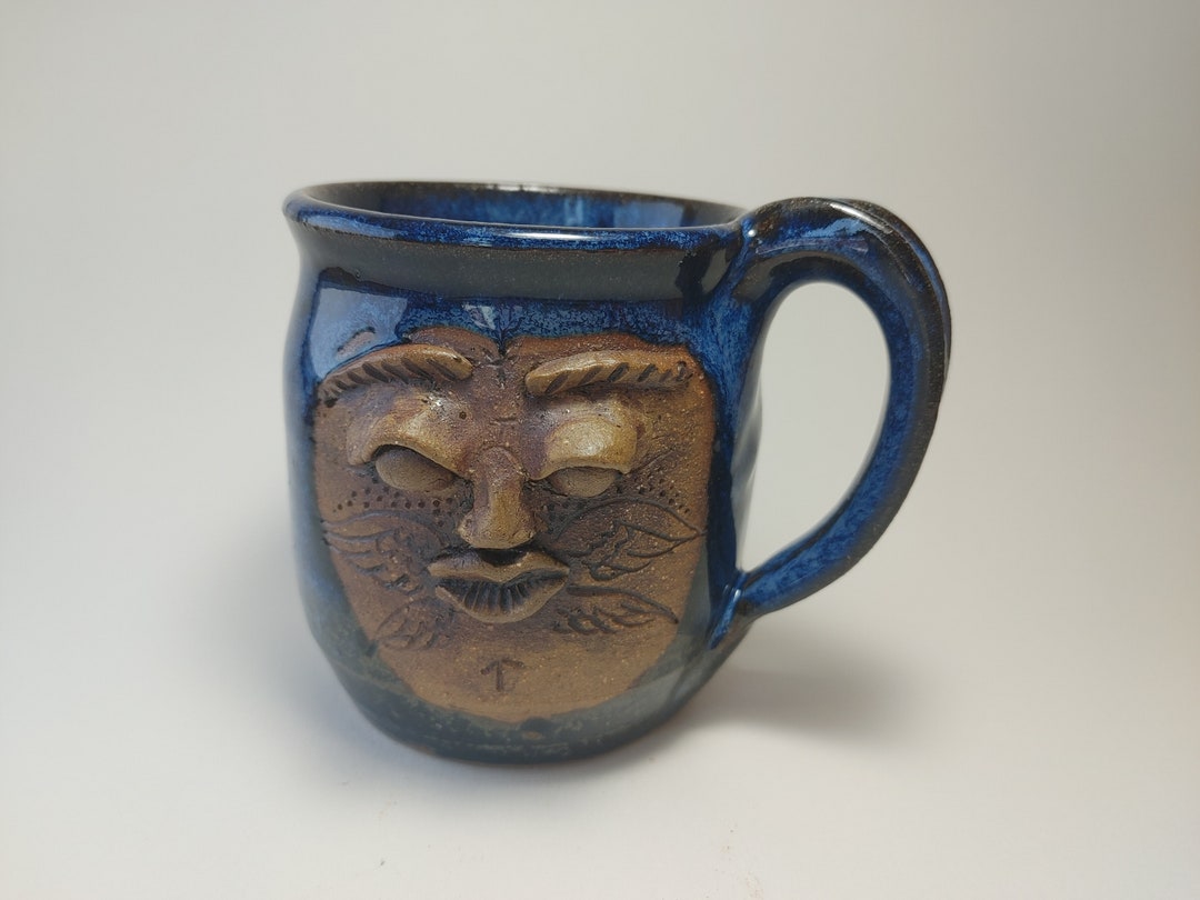 Guardian Angel Wheel Thrown Pottery Face Mug, Handmade, Speckle Blue ...