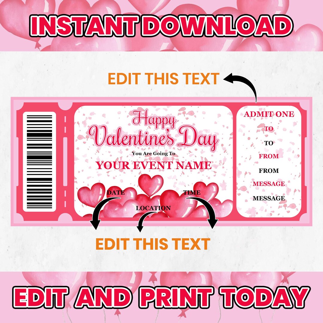 Movie Ticket Template Gift Voucher Certificate Card Valentines Day ...