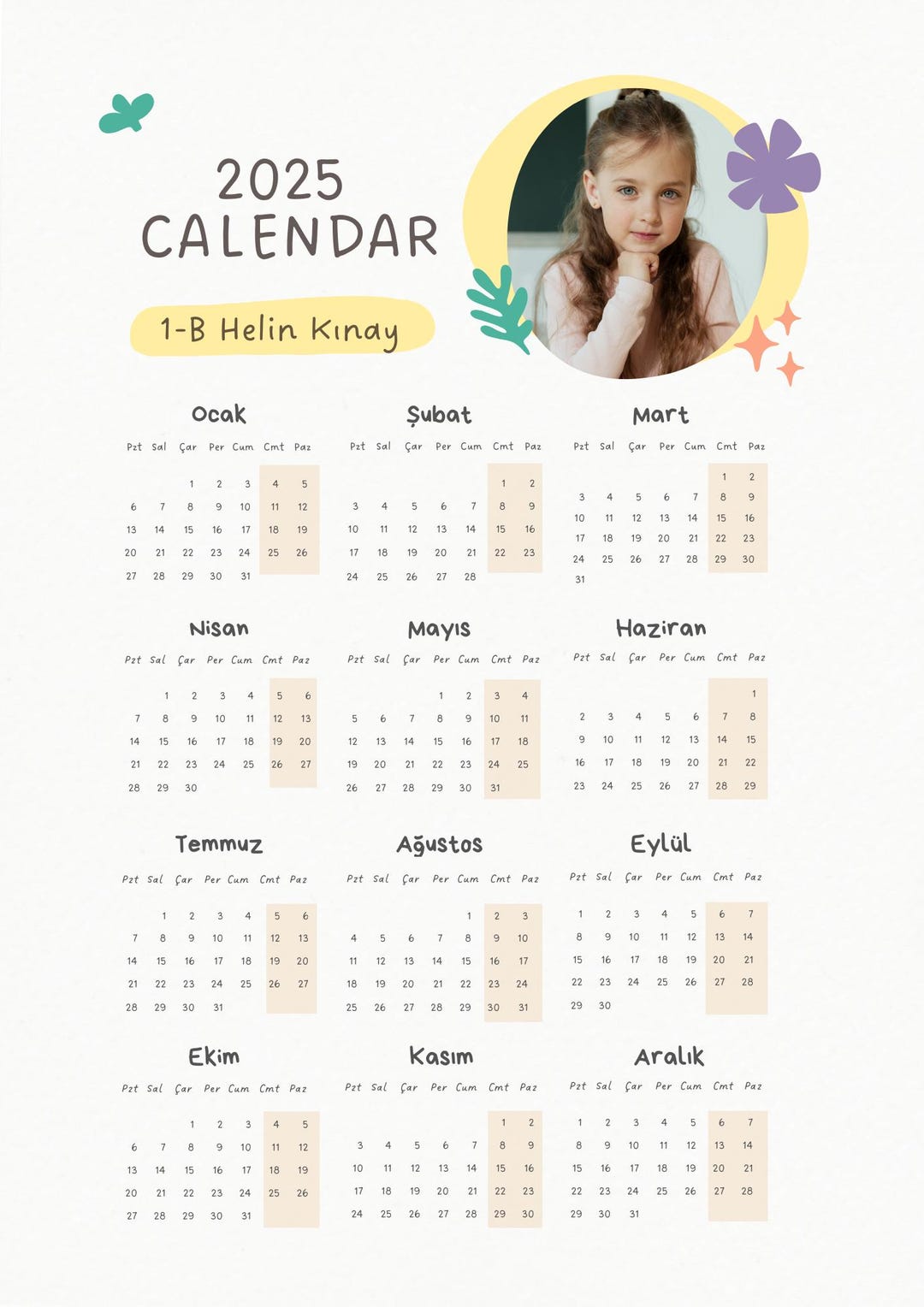 Calendar Printable , Cute Kids Calendar 2025, Wall Calendar PDF ...