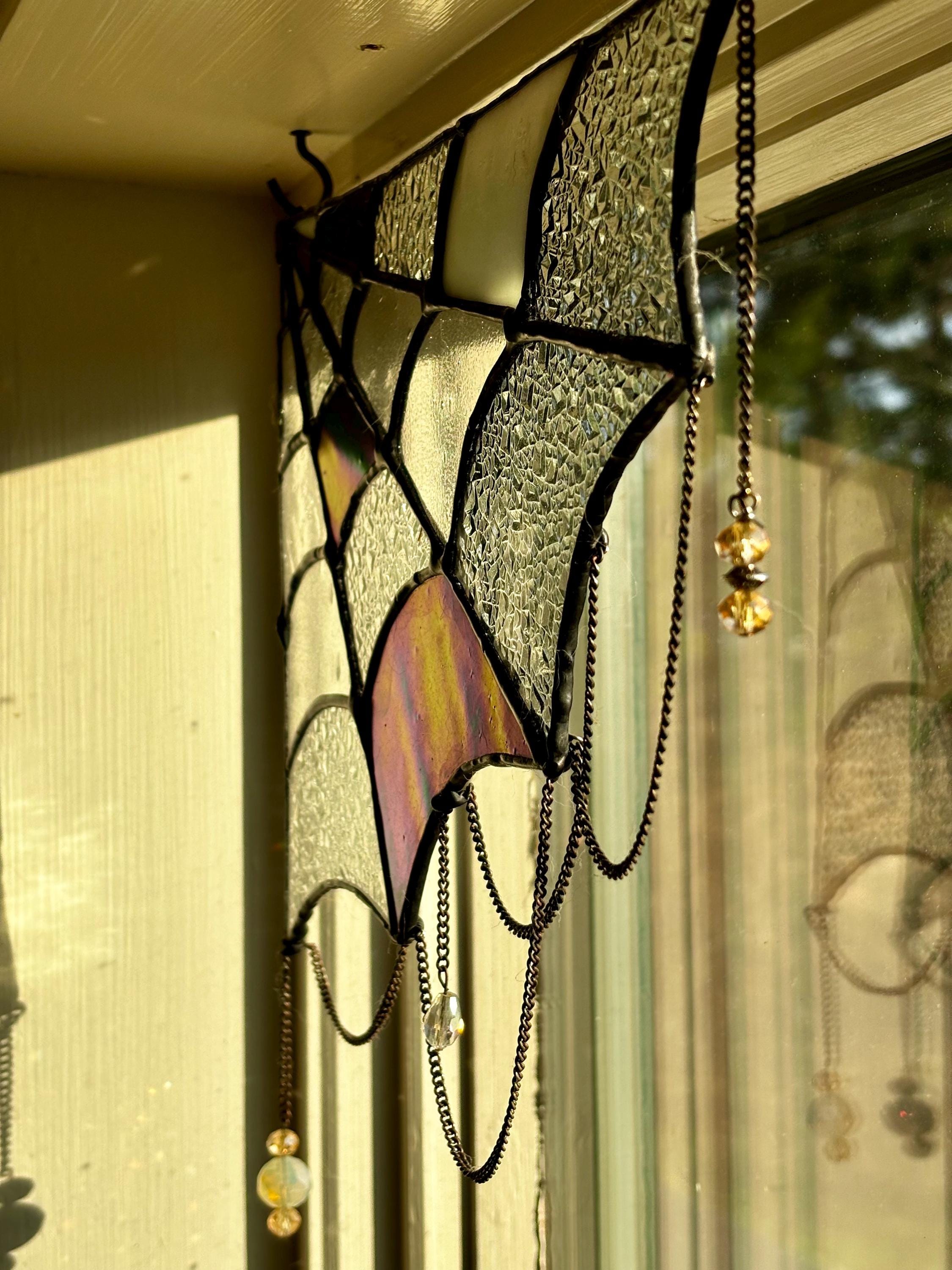 Stained Glass Spiderweb Corner Window Decor | Handmade Iridescent ...