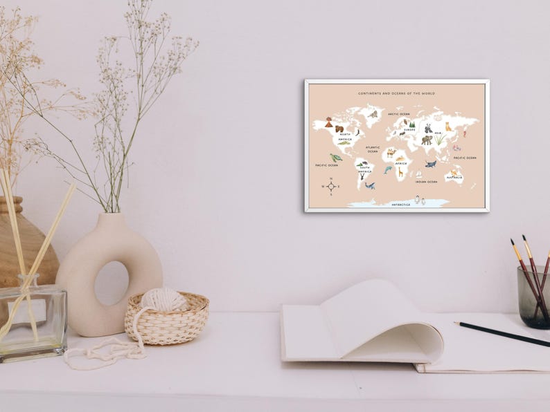 World Map With Oceans and Animals Continents Poster for Children 6 ...