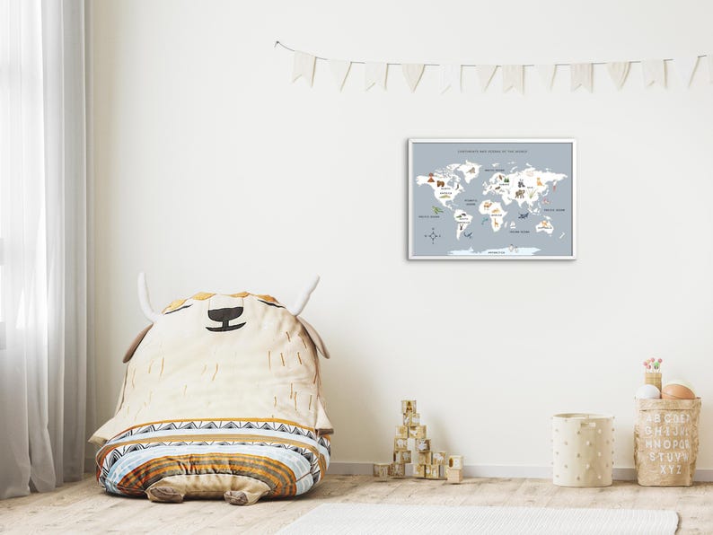 World Map With Oceans and Animals Continents Poster for Children 6 ...