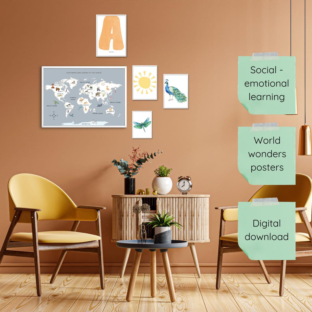 World Map With Oceans and Animals Continents Poster for Children 6 ...