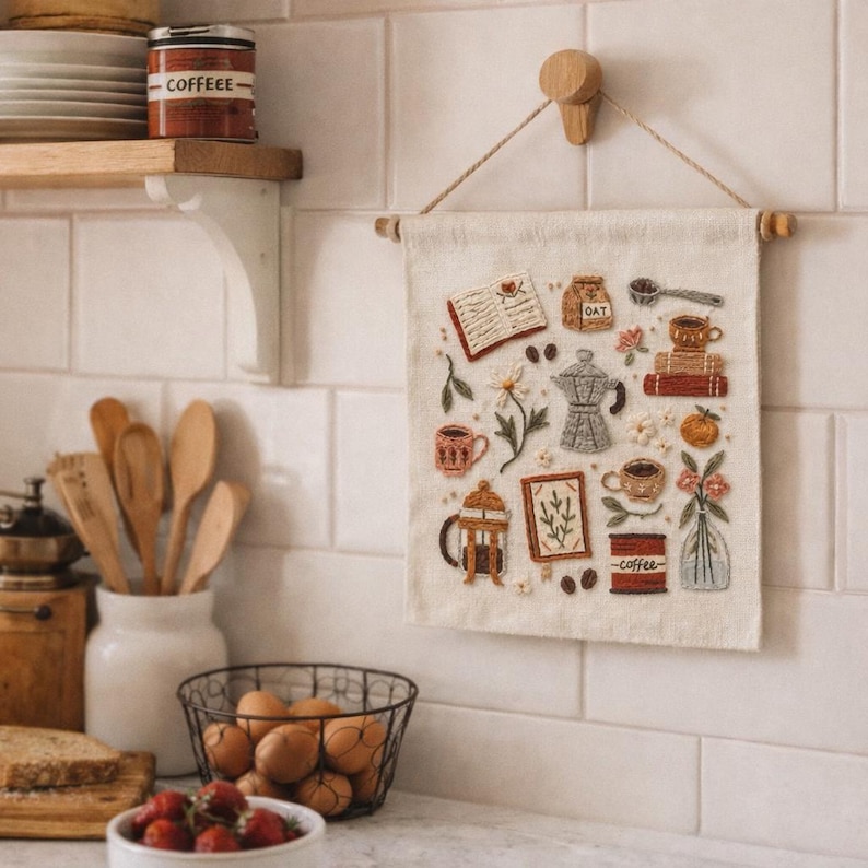 Cozy Coffee Kitchen Embroidery Pattern, Beginner Friendly Floral Design ...