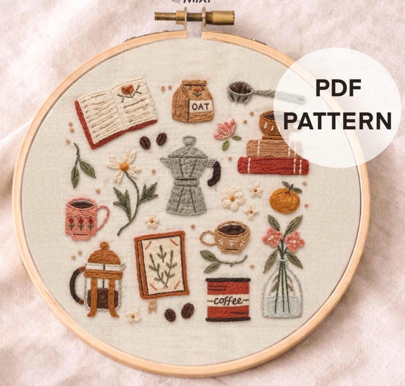 Cozy Coffee Kitchen Embroidery Pattern, Beginner Friendly Floral Design ...