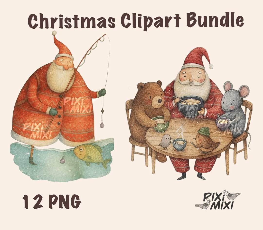 Christmas Santa & Animals Clipart | 12 PNG Files | Santa Claus Digital ...