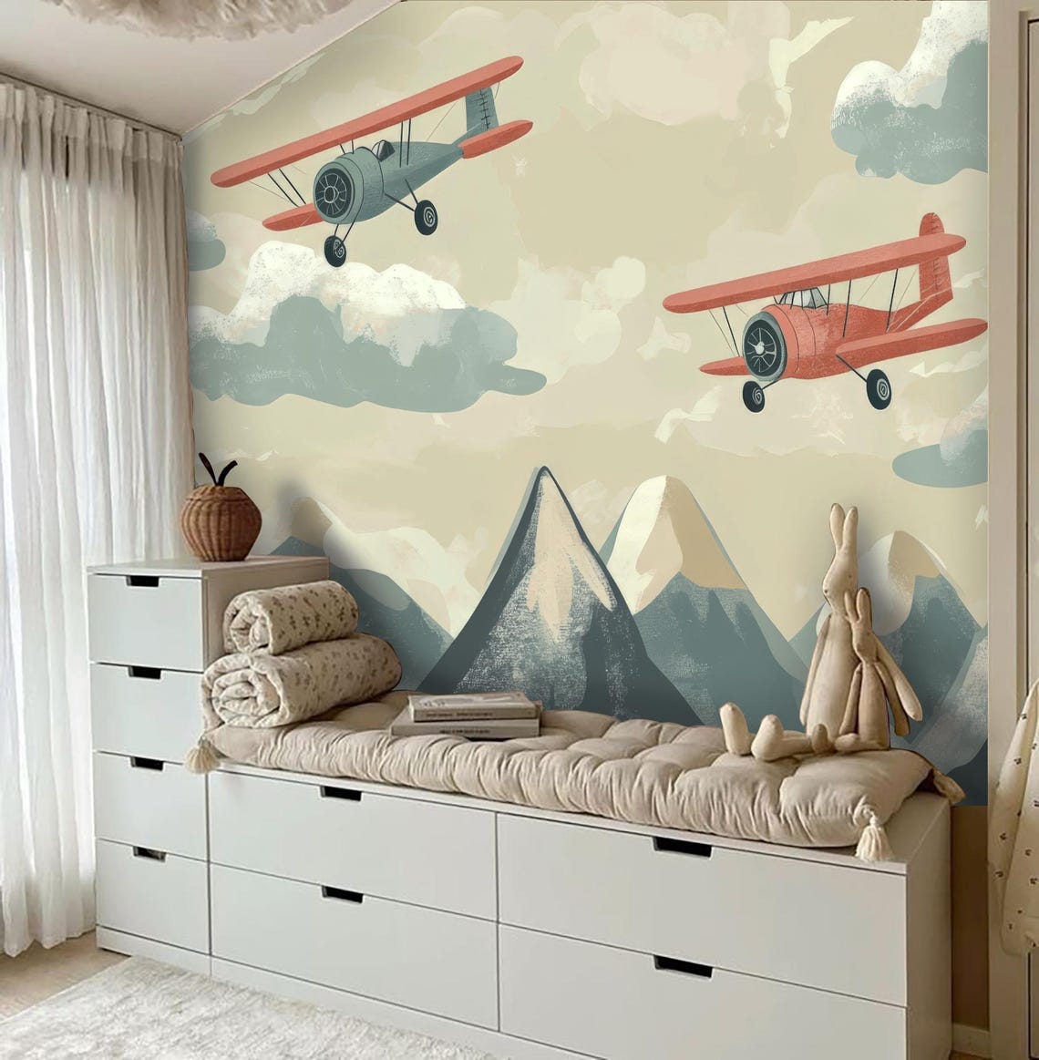 Airplane Wallpaper | Vintage Nursery Wallpaper | Playroom Mural | Kids ...