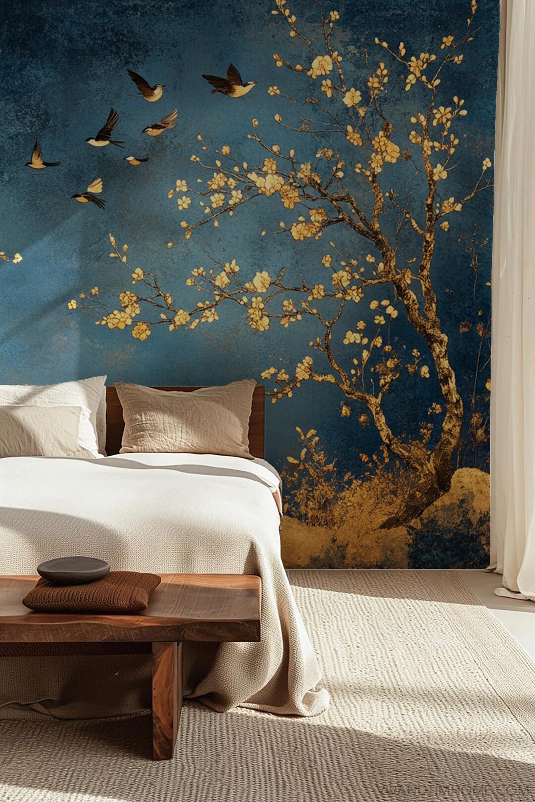 Deep Blue Cherry Blossom Wallpaper | Golden Birds, Peel & Stick - Etsy
