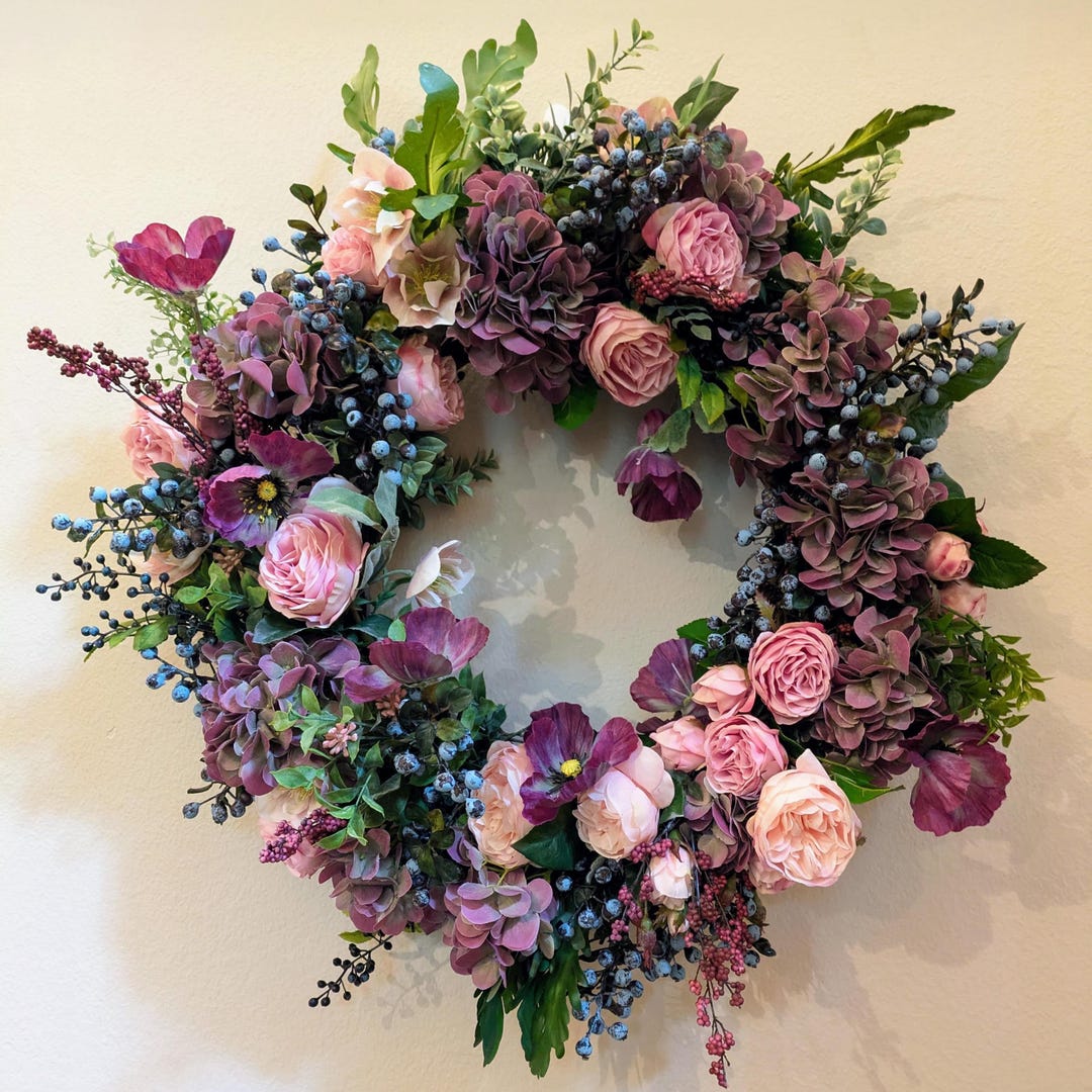 Purple Hydrangea Rose Wreath, Real Touch Florals, Garden Style Door ...