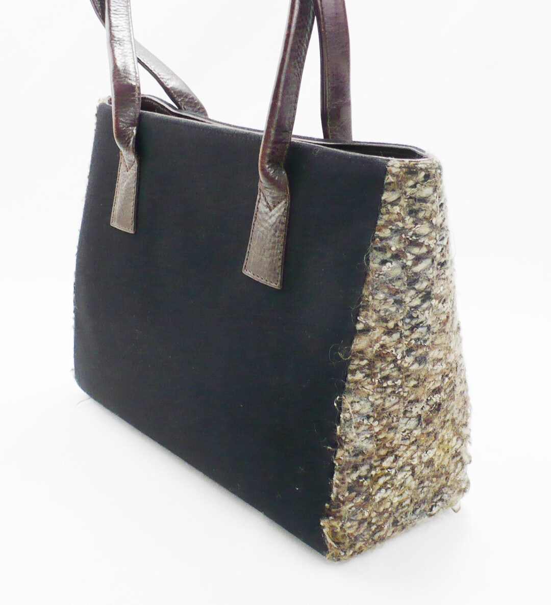 Vintage Sarah Shaw Handbag, Wool and Leather, Black, Brown, Designer ...