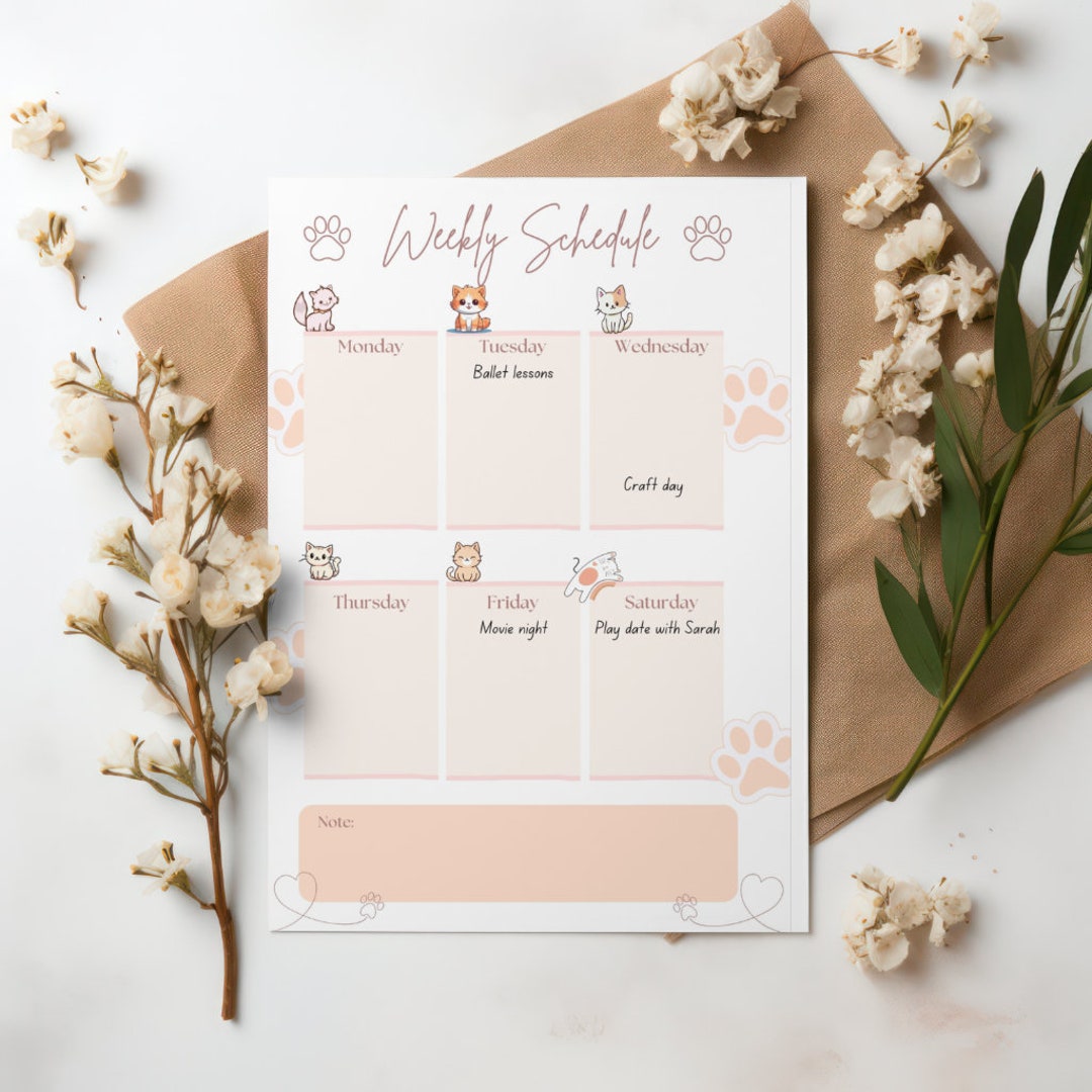 Cute Pink Weekly Planner for Girls With Adorable Cat Design | Digital ...