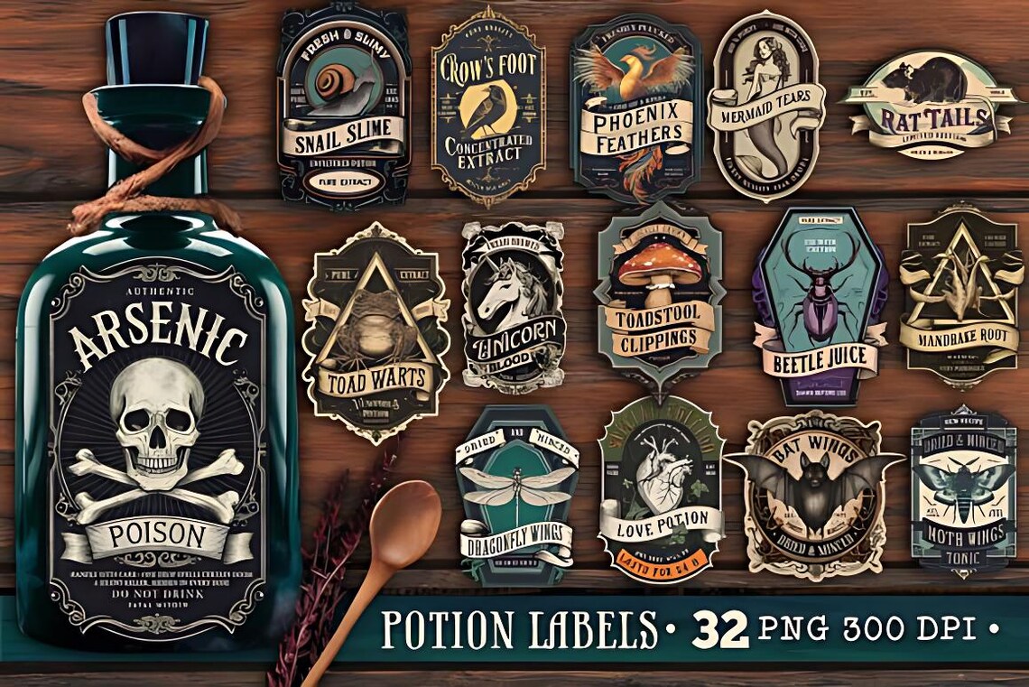 32 PNG Halloween Potion Labels Bundle, Elixir, Comercial USE, Printable ...