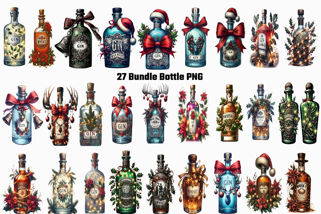 27 PNG Bundle Christmas Gin Whisky Bottle Clipart Sublimation ...