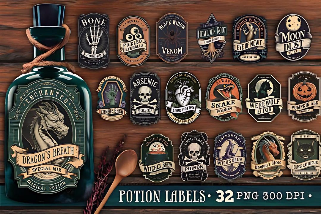 32 PNG Halloween Potion Labels Bundle, Elixir, Comercial USE, Printable ...