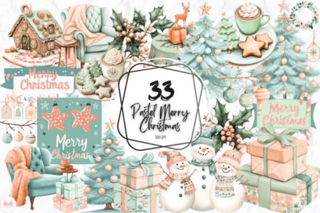 33 Pastel Christmas Clipart Bundle Graphic, PNG Bundle, Watercolor Pink ...