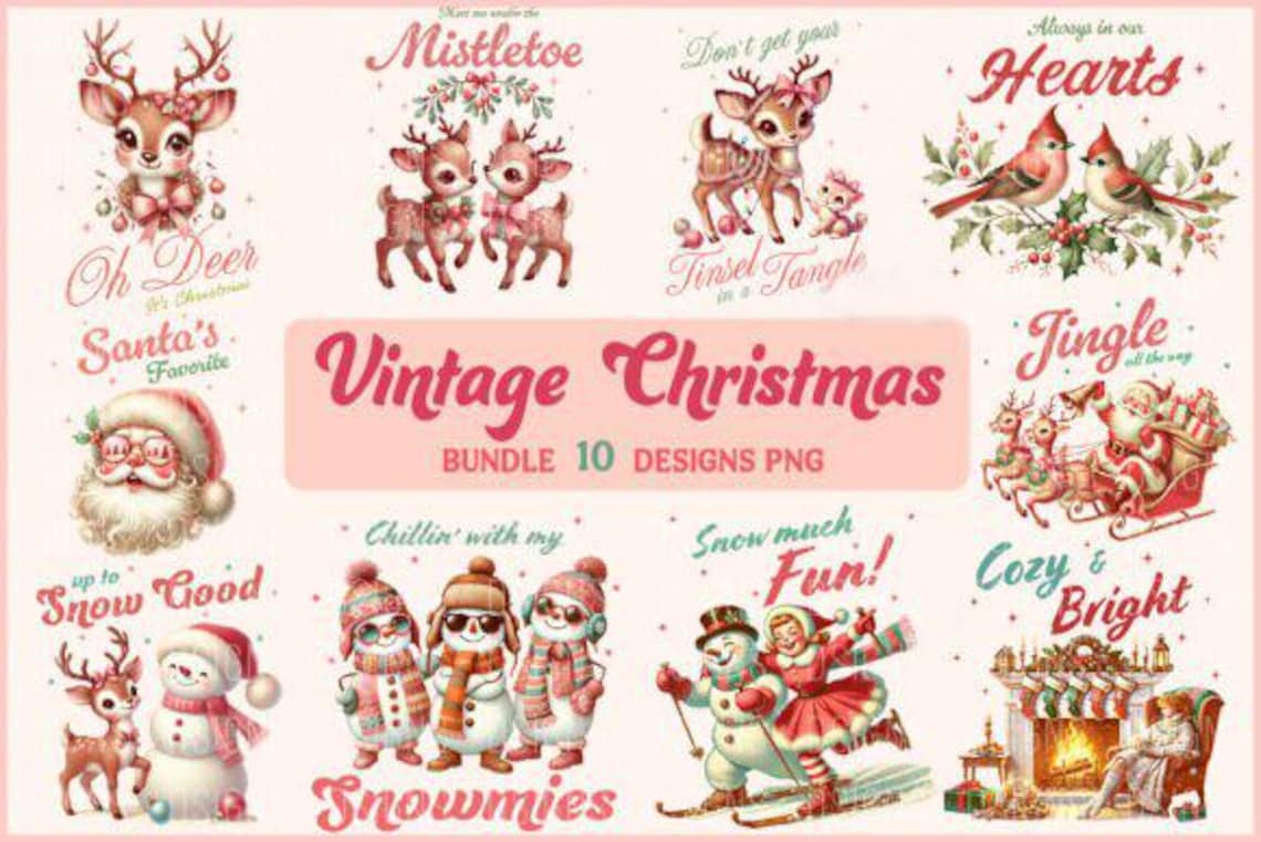 10 Vintage Santa PNG Clipart Bundle, Christmas Vintage Clipart ...