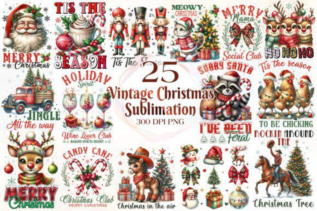 25 Vintage, Retro Christmas Bundle Png, Merry Christmas Png, Christmas ...
