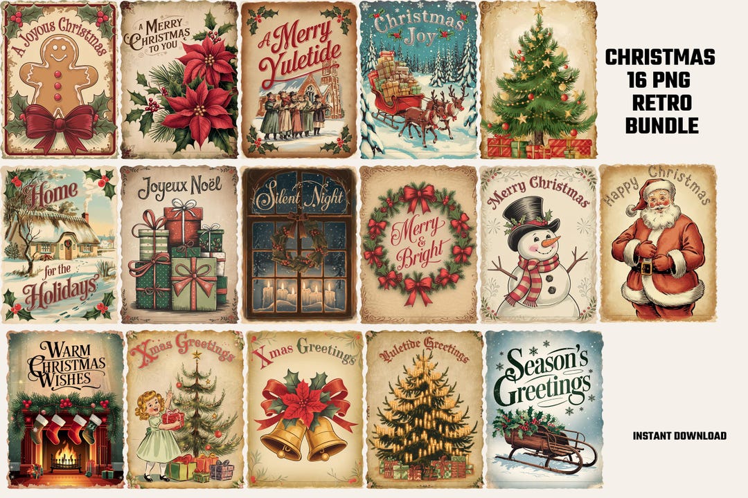 16 Retro PNG, Vintage Christmas Labels PNG, Christmas Graphics, Vintage ...