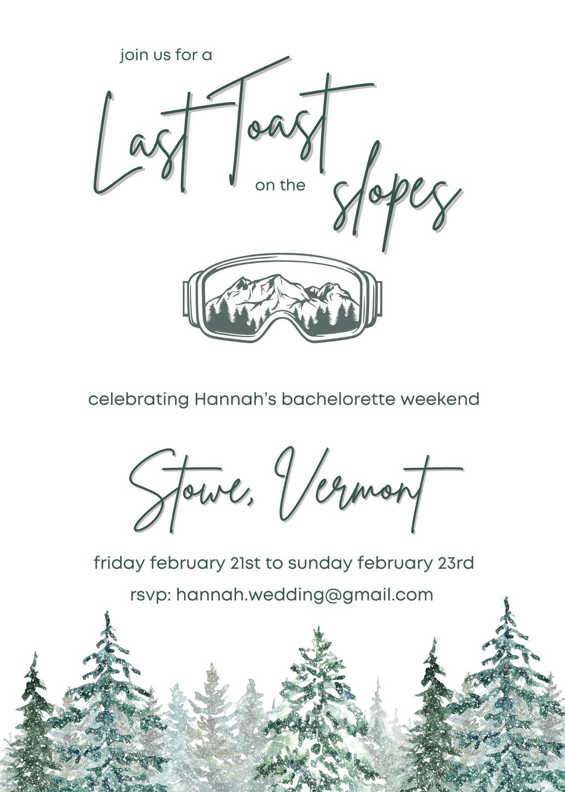 Ski Bachelorette Party Invitation Last Toast on the Slopes Vermont ...