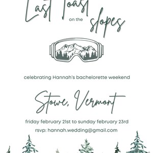 Ski Bachelorette Party Invitation Last Toast on the Slopes Vermont ...