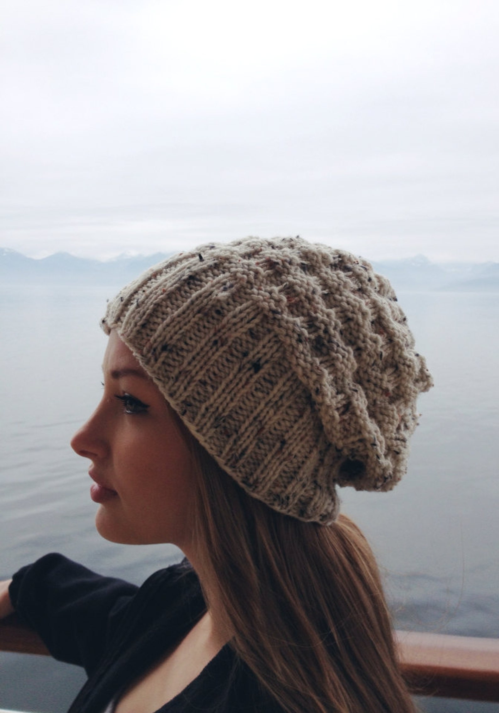 Slouchy Knit Beanie. Heathered Textured off White Beanie. Women Winter ...