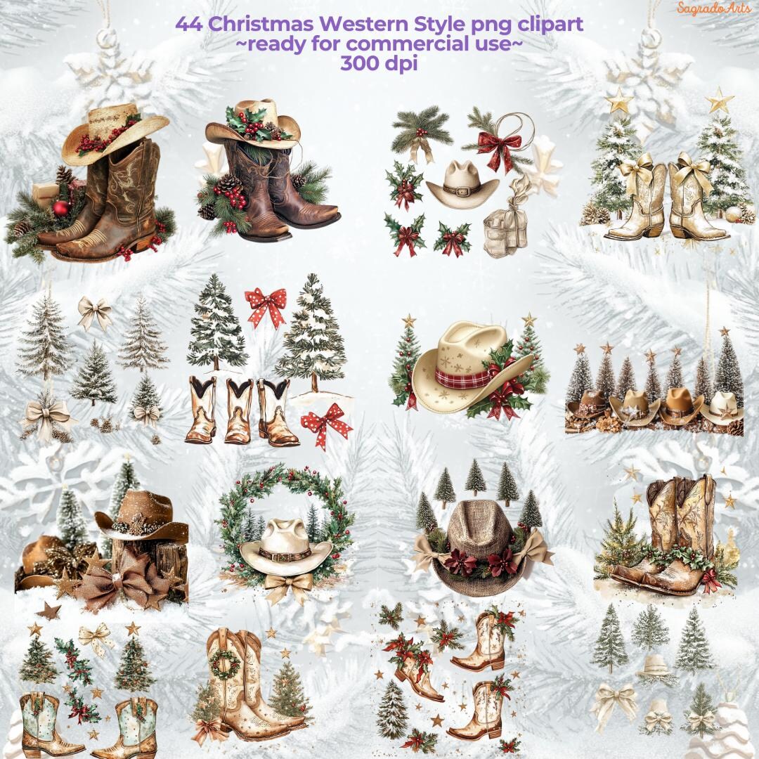 Western Christmas PNG Clipart Bundle: Cowboy Boots, Hats, Trees ...