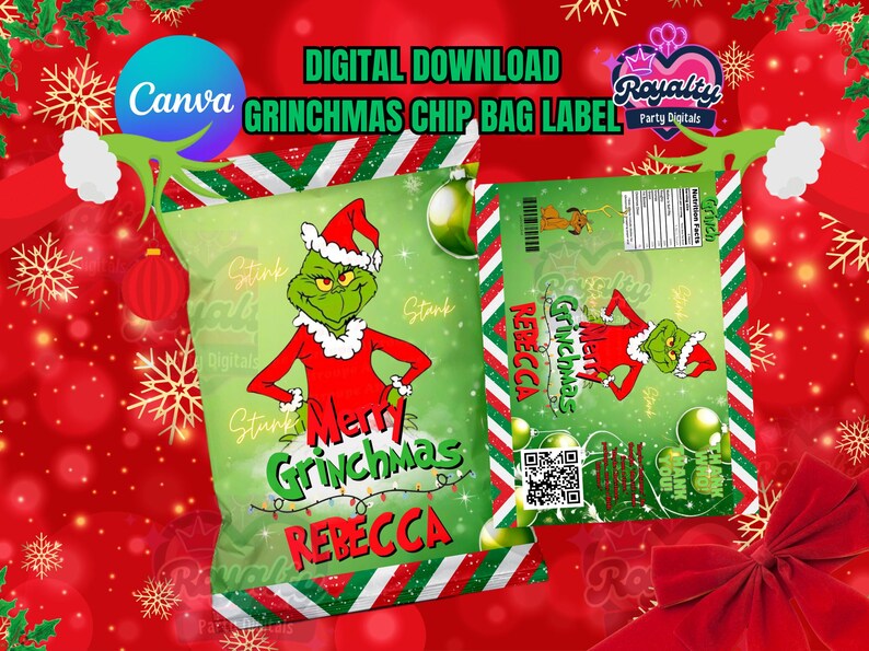 The Grinch Christmas Chip Bag Wrapper Printable, the Grinch Treat Bag ...