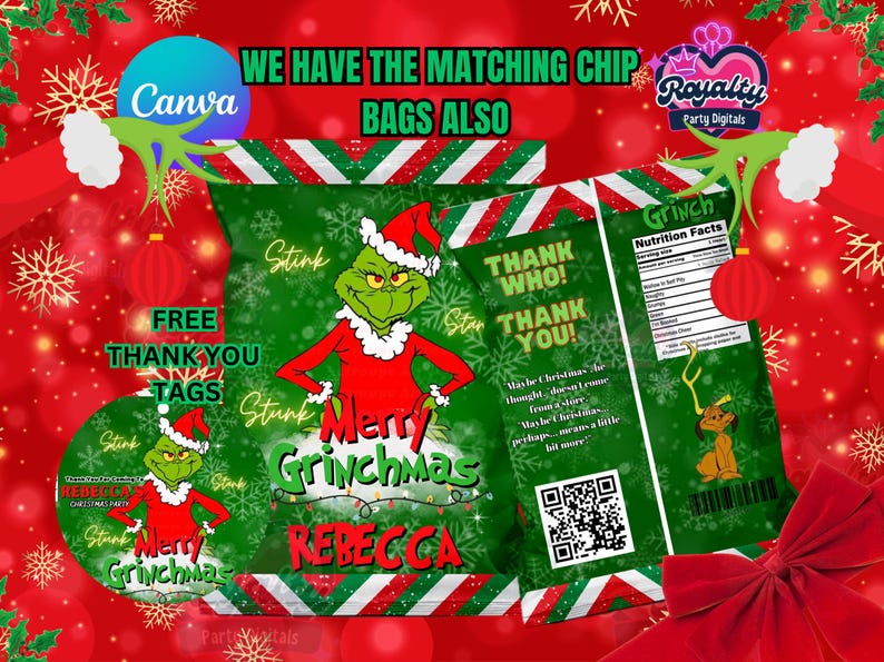 The Grinch Christmas Chip Bag Wrapper Printable, the Grinch Treat Bag ...