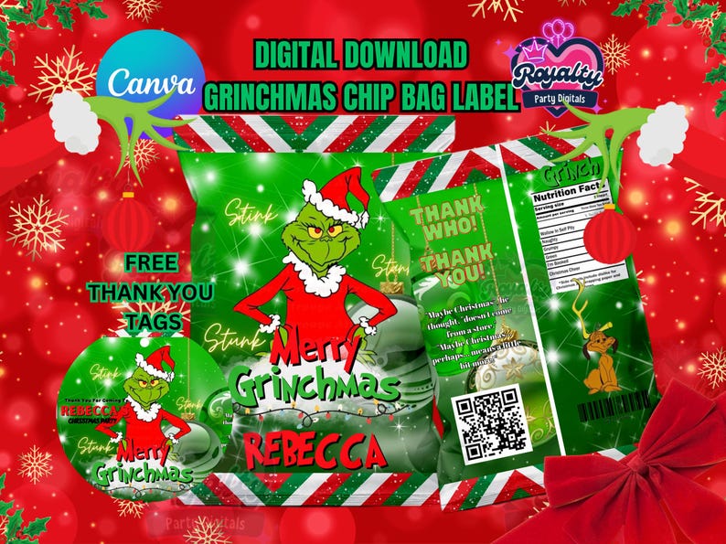 The Grinch Christmas Chip Bag Wrapper Printable, the Grinch Treat Bag ...