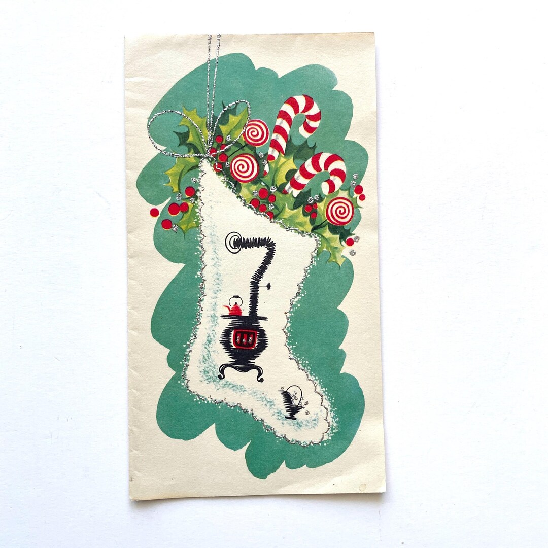 Vintage Christmas Card, Stocking Greeting Card, Candy Canes, Lollipops ...