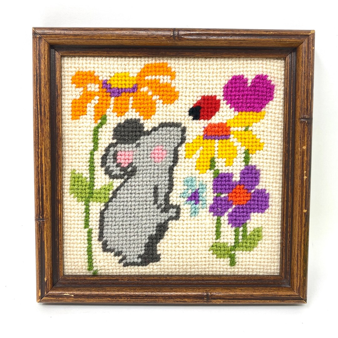 Vintage Needlepoint Picture, Framed Crewelwork Art, Mouse, Ladybug ...