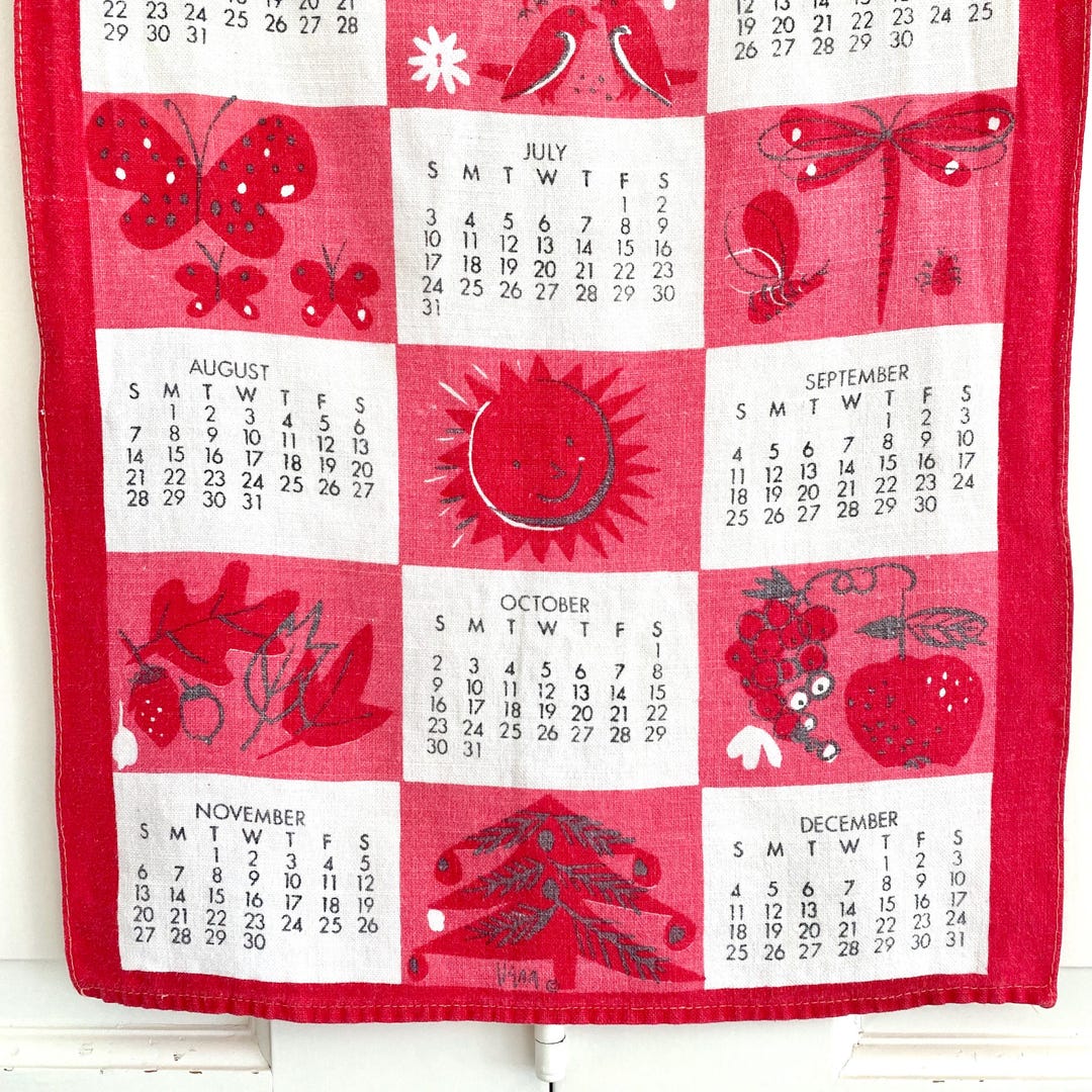 Vintage Vera Towel 1960 Calendar, Anthropomorphic Sun, Christmas Tree ...