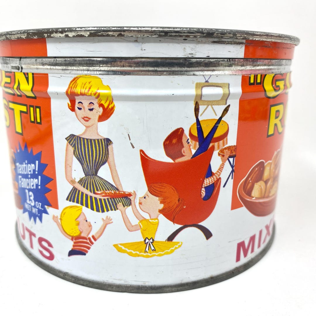 Vintage Mixed Nuts Tin, Golden Roast Round Tin, Midcentury Lithographs ...