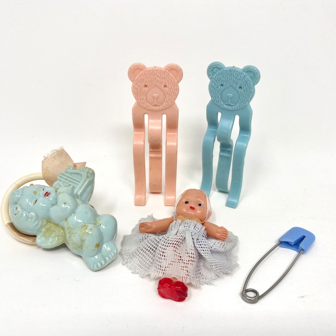 Vintage Angel Baby Rattle, Two Bear Clips, Babydoll, Diaper Pin ...
